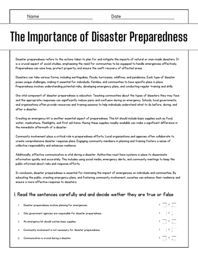 The Importance of Disaster Preparedness: Reading Comprehension Passages ...