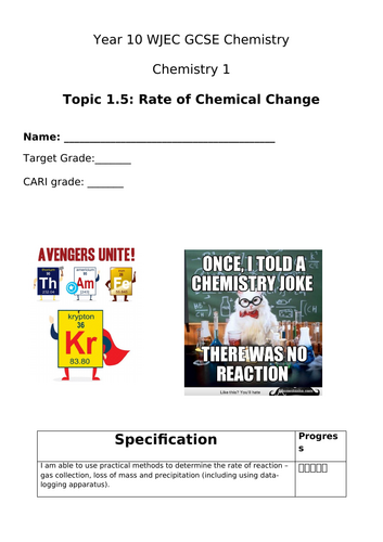 Year 10 Chemistry WJEC topic 5 Rates workbook | Teaching Resources