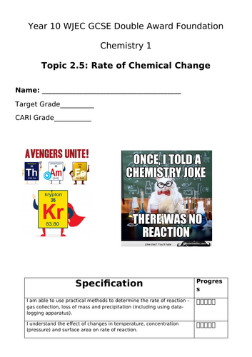 Year 10 Chemistry WJEC topic 5 Rates workbook | Teaching Resources