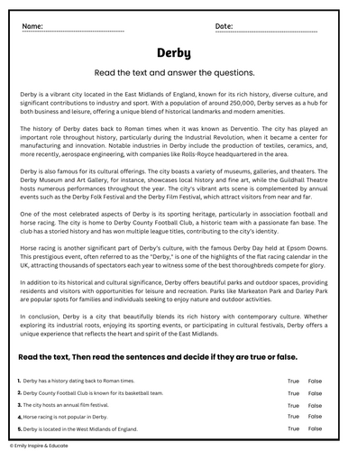 Derby: The City - Reading Comprehension Passages & Questions Worksheets ...