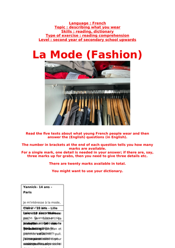 French, la mode (fashion), reading comprehension, second-year upwards ...