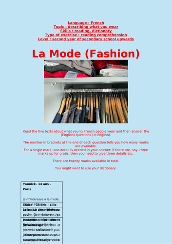 French, la mode (fashion), reading comprehension, second-year upwards ...