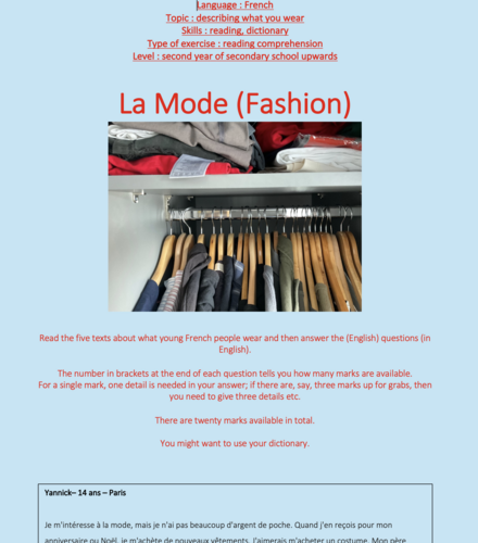 French, la mode (fashion), reading comprehension, second-year upwards ...
