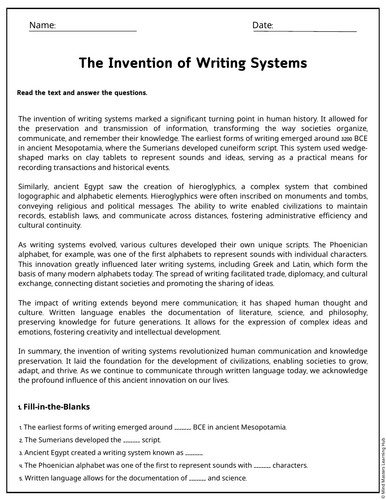 The Invention of Writing Systems Reading Comprehension Passages ...