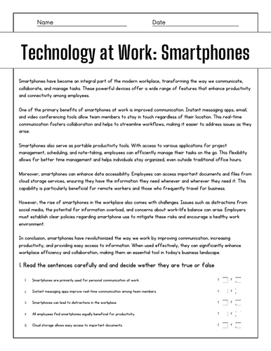 Technology at Work: Smartphones: Reading Comprehension Passages ...
