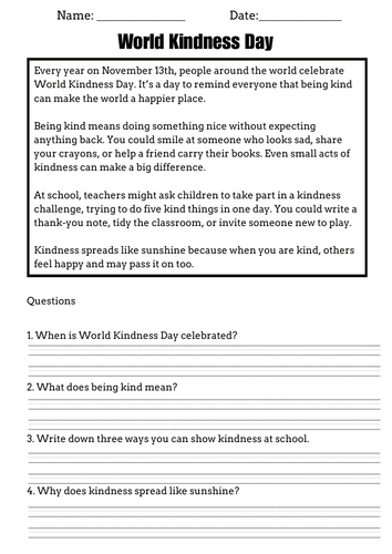 World Kindness Day Worksheets KS1–KS2 | Reading + Writing Activities ...