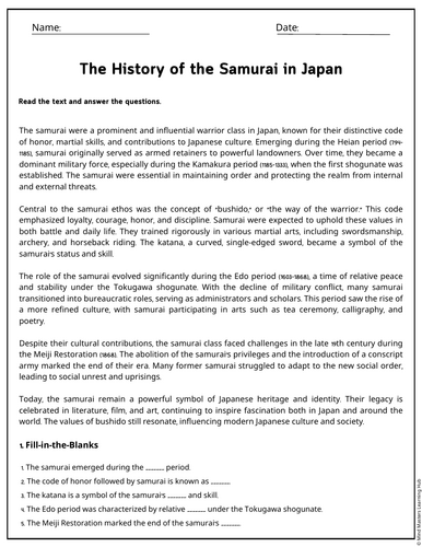 The History of the Samurai in Japan Reading Comprehension Passages ...