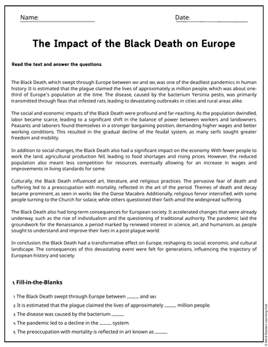 The Impact of the Black Death on Europe Reading Comprehension Passages ...