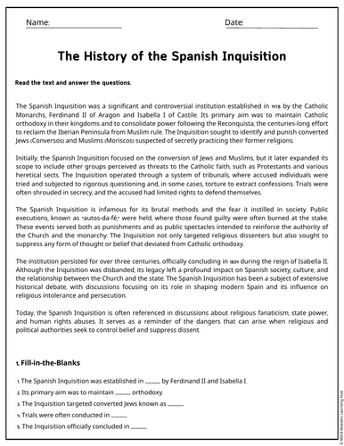 The History of the Spanish Inquisition Reading Comprehension Passages ...