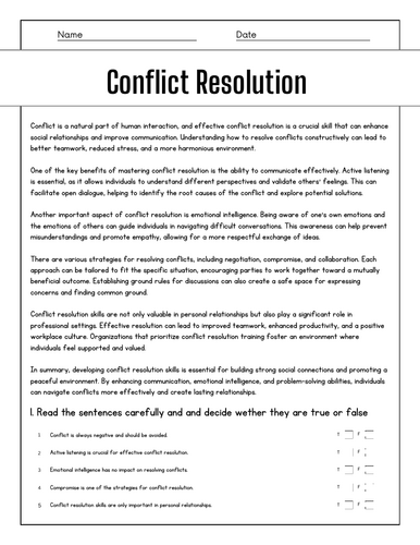 Conflict Resolution: Reading Comprehension Passages & Questions ...