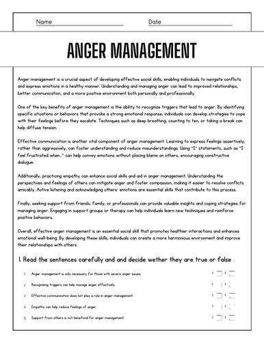 Anger Management: Reading Comprehension Passages & Questions Worksheets ...