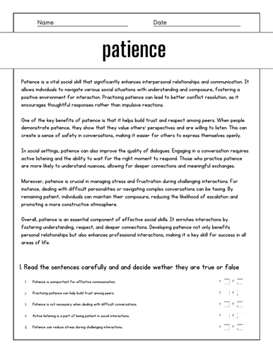 Patience: Reading Comprehension Passages & Questions Worksheets ...