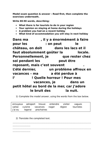 GCSE French 90-Word Answer Worksheet - Holidays | Teaching Resources