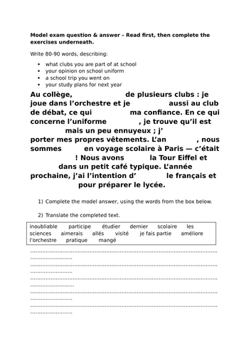 GCSE French 90-Word Answer Worksheet - School | Teaching Resources