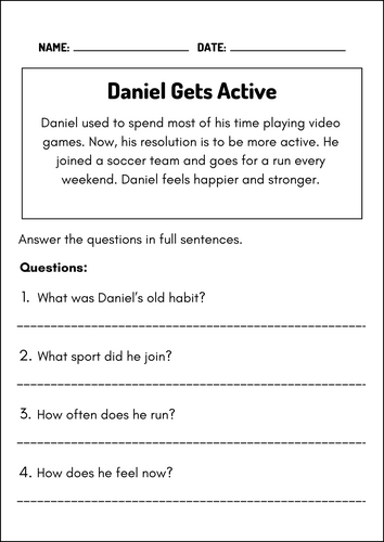 New Year’s Resolutions Reading Comprehension Passages with Questions ...
