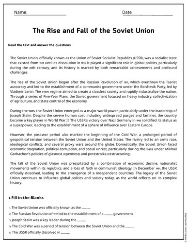 The Rise and Fall of the Soviet Union Reading Comprehension Passages ...