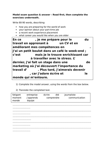 GCSE French 90-Word Answer Worksheet - Jobs | Teaching Resources