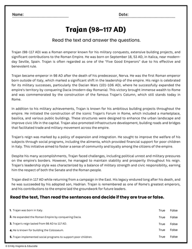 Trajan (98–117 AD) - Reading Comprehension Passages & Questions ...