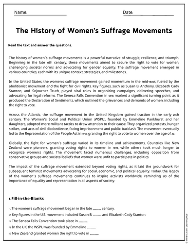 The History of Women's Suffrage Movements Reading Comprehension ...