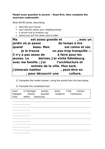 GCSE French 90-Word Answer Worksheet - My Neighbourhood | Teaching ...