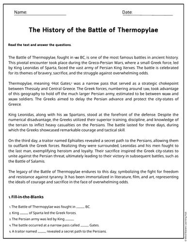 The History of the Battle of Thermopylae Reading Comprehension Passages ...