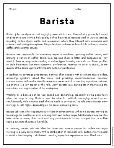 Barista Career Reading Comprehension Passages & Questions Worksheets ...