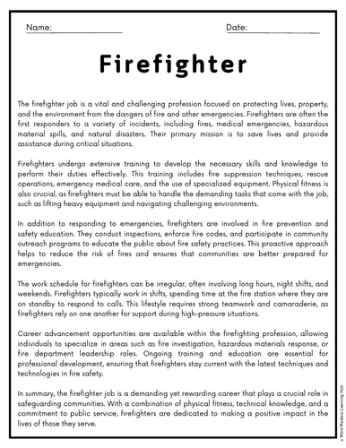 Firefighter Career Reading Comprehension Passages & Questions ...