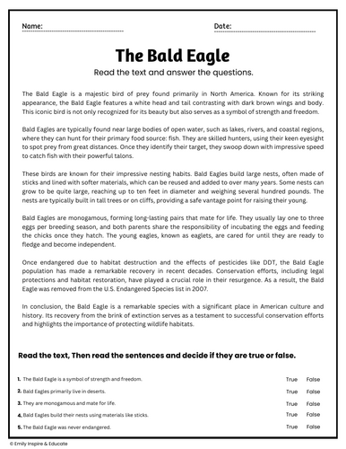 The Bald Eagle - Reading Comprehension Passages & Questions Worksheets ...