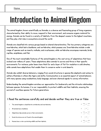 Introduction to the Animal Kingdom: Reading Comprehension Passages ...
