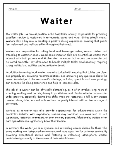 Waiter Career Reading Comprehension Passages & Questions Worksheets ...