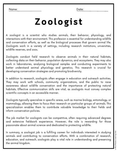 Zoologist Career Reading Comprehension Passages & Questions Worksheets ...