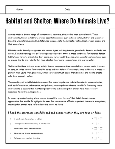 Habitat and Shelter: Where Do Animals Live? Reading Comprehension ...