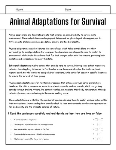 Animal Adaptations for Survival: Reading Comprehension Passages ...