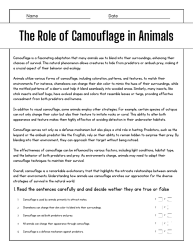 The Role of Camouflage in Animals: Reading Comprehension Passages ...