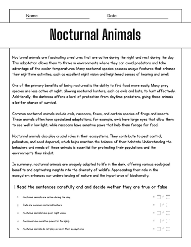 Nocturnal Animals: Reading Comprehension Passages & Questions ...