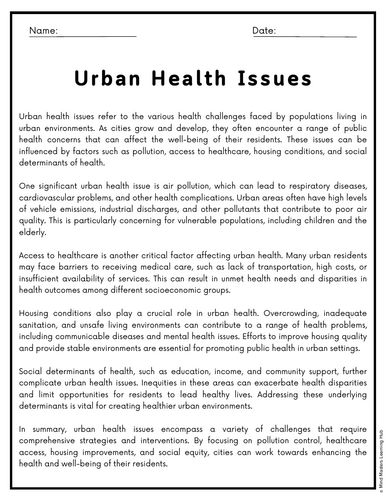 Urban Health Issues Reading Comprehension Passages & Questions ...