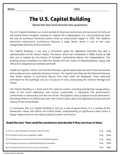 The U.S. Capitol Building - Reading Comprehension Passages & Questions ...