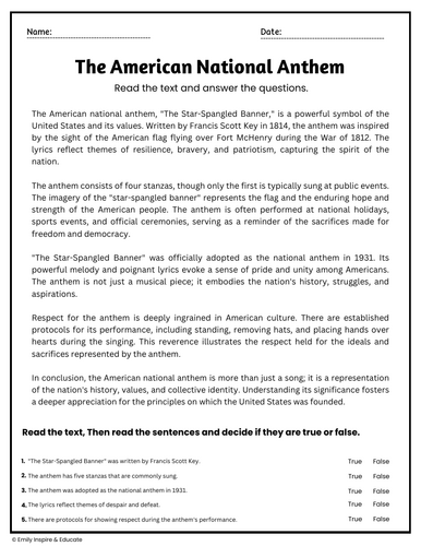 The American National Anthem - Reading Comprehension Passages ...