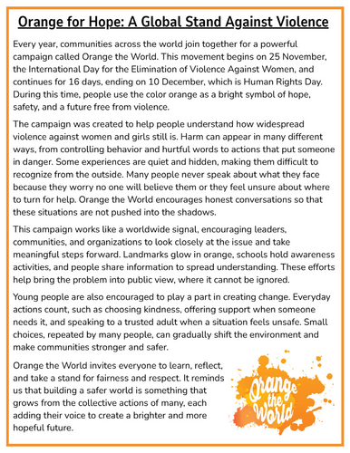 Orange the World Informative Passage with Questions | Women Rights ...