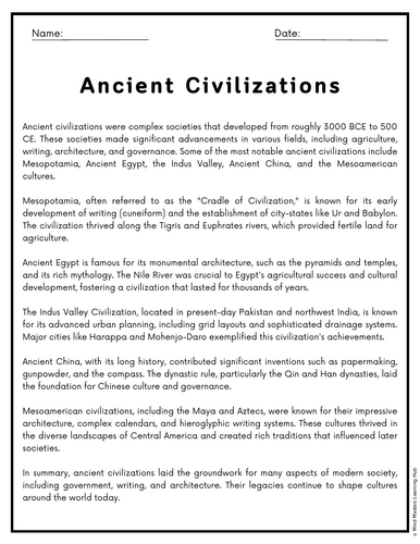 Ancient Civilizations Reading Comprehension Passages & Questions ...