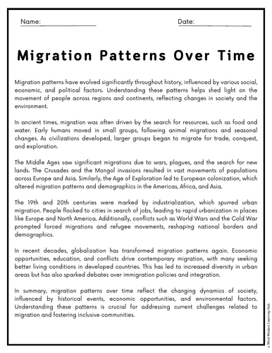 Migration Patterns Over Time Reading Comprehension Passages & Questions ...
