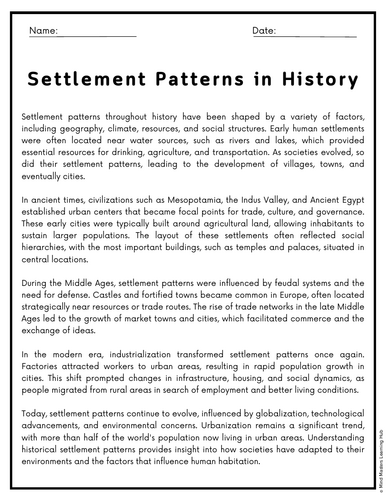 Settlement Patterns in History Reading Comprehension Passages ...