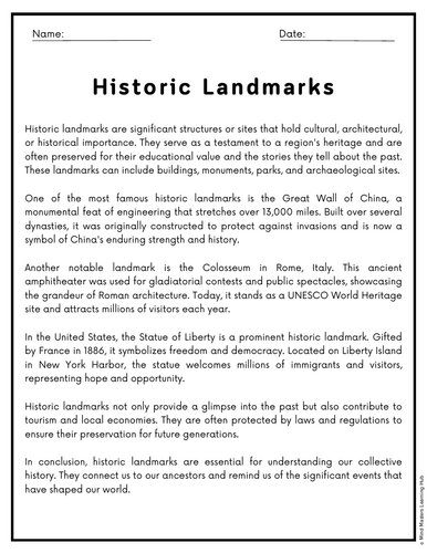 Historic Landmarks Reading Comprehension Passages & Questions ...