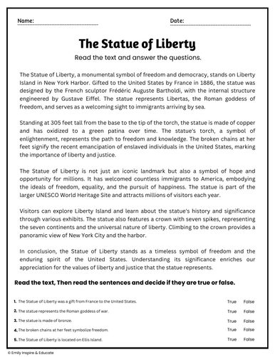 The Statue of Liberty - Reading Comprehension Passages & Questions ...