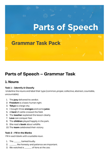 Parts of Speech Grammar Task Pack – Nouns, Verbs, Adjectives & More ...