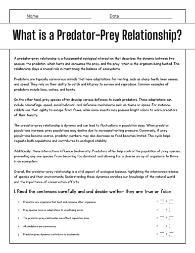 What is a Predator-Prey Relationship?: Reading Comprehension Passages & Questions Worksheets ...