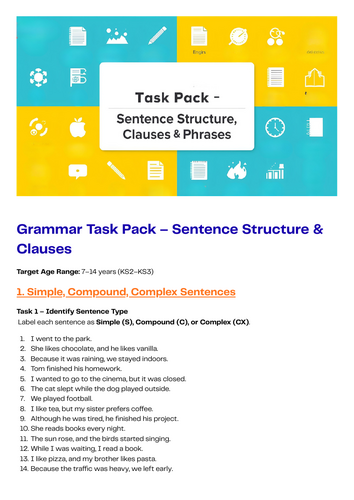 Grammar Task Pack: Sentence Structure, Clauses, Phrases & Linking Words ...