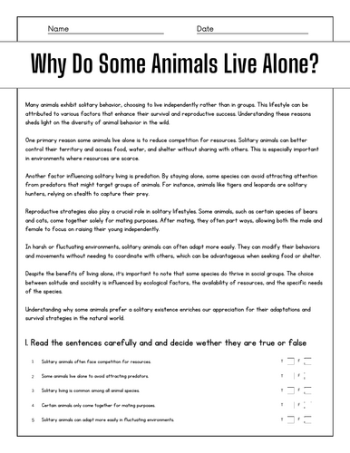 Why Do Some Animals Live Alone?: Reading Comprehension Passages ...