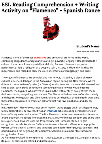 ESL Reading Comprehension + Writing Activity Worksheets - Flamenco ...