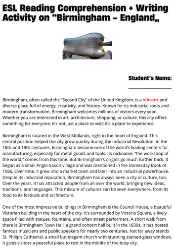 ESL Reading Comprehension + Writing Activity - Birmingham - England ...